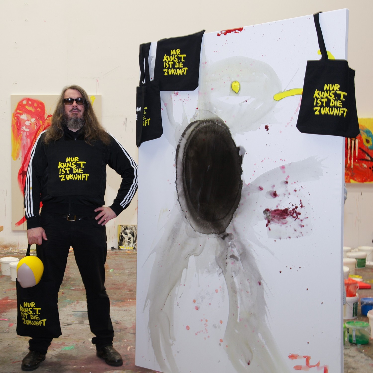 Jonathan Meese, 2 farbiger Siebdruck auf Baumwoll-Tasche, Auflage 90 ...